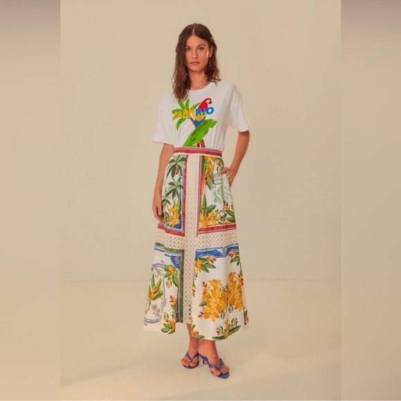 FARM Rio | Skirts | Farm Rio Offwhite Tropical Destination Midi Skirt ...